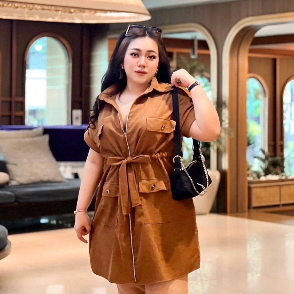 Plus size Front Zipper Shirt Dress There Is A Rope To Tie The Waist ...