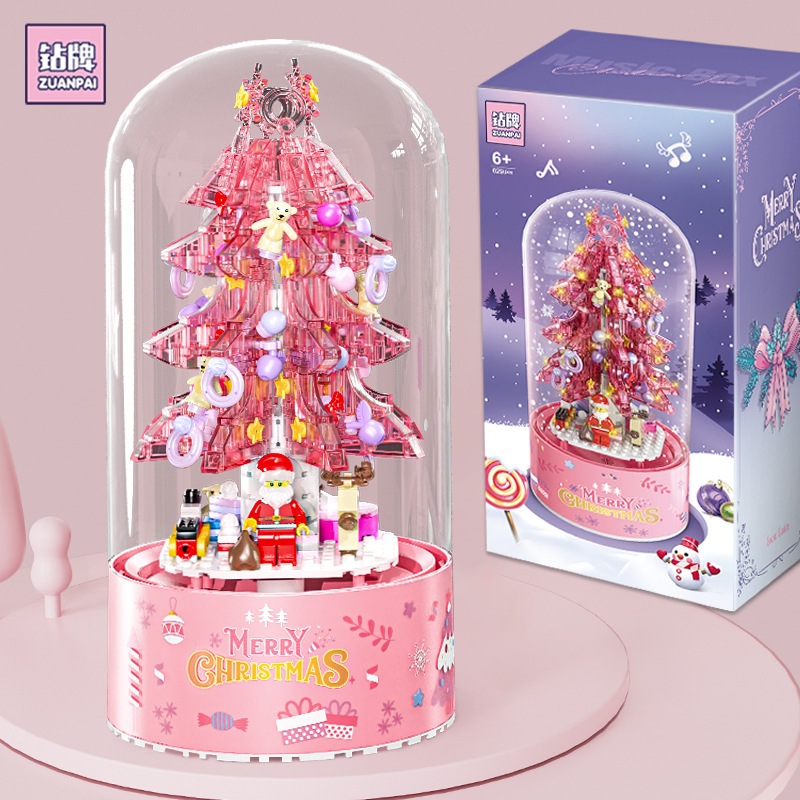 Lego Building Blocks Christmas Tree Crystal Music Box (Pink) With Snow ...