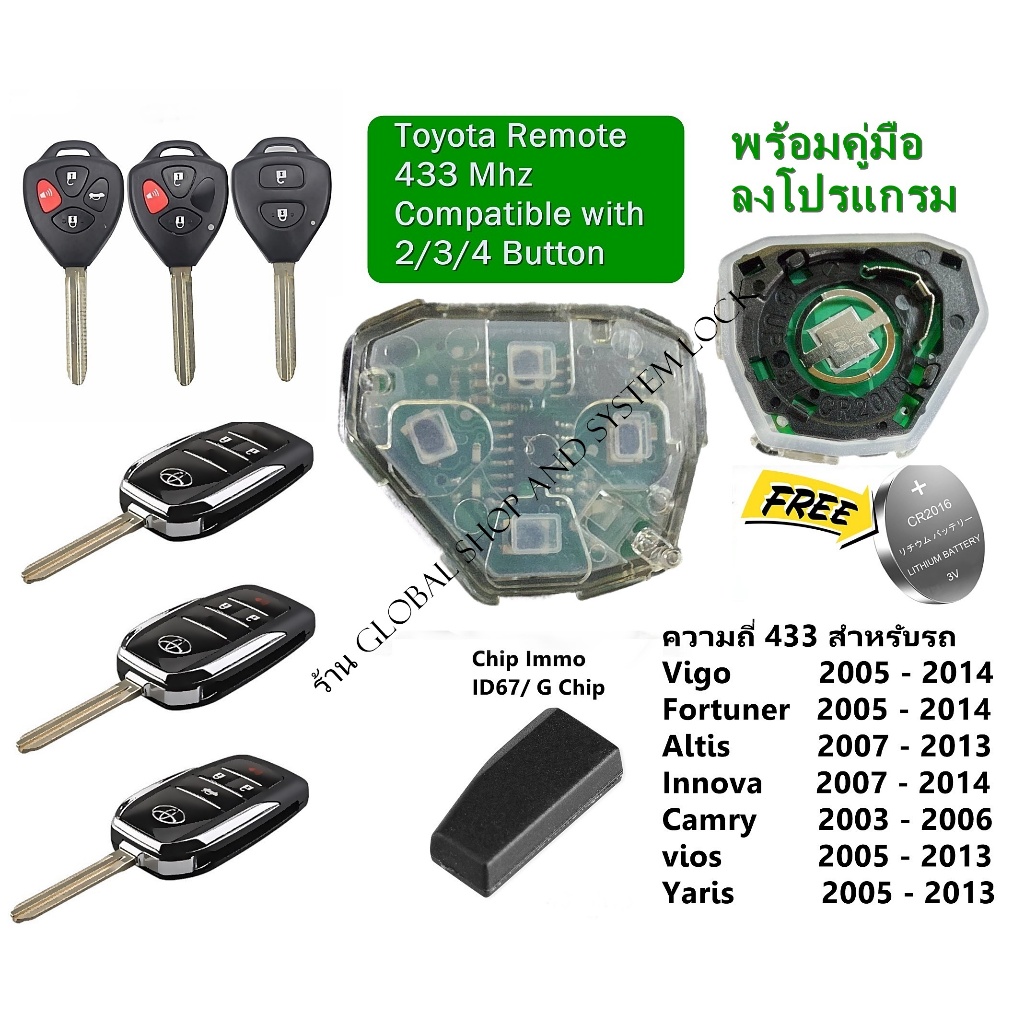 Toyota Vios Yaris Vigo Fortuner Camry Remote Car Key With Installation ...