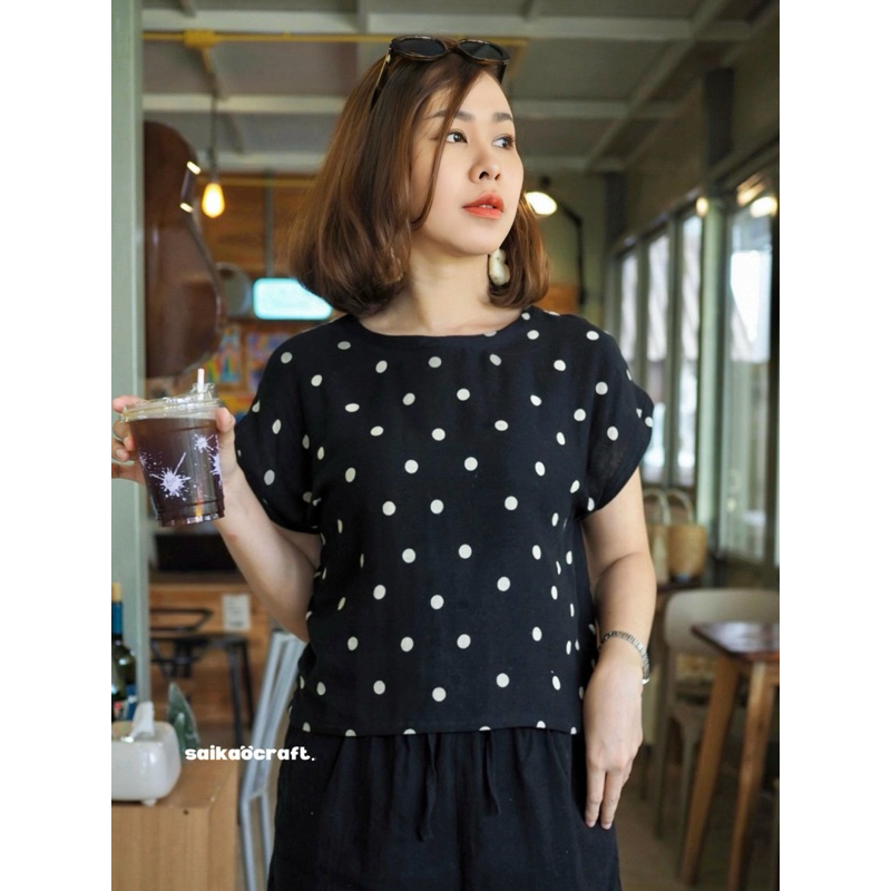 Crop Top With Black Polka Dots Hem (2 Layers Of Salu Fabric) | Shopee ...