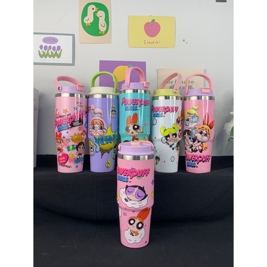 The Power Puff girls Cold Storage Glass Has A Handle And Built-In Straw ...