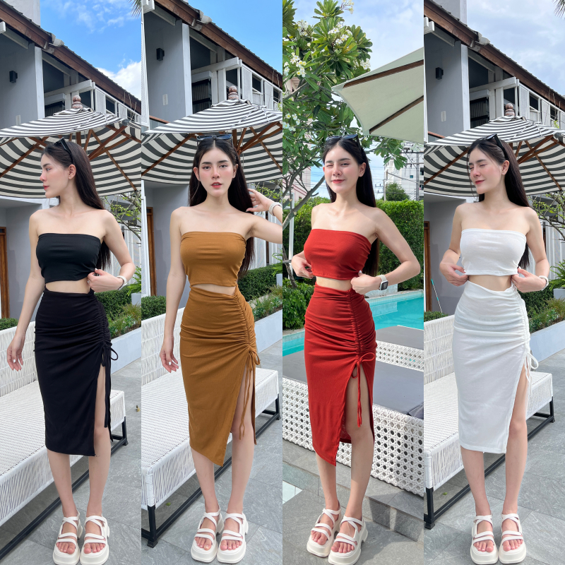 SpinnyHouse 2 Piece Set Strapless Top + Side Drawstring Skirt Beach Dress ️ Model Wearing Real ...