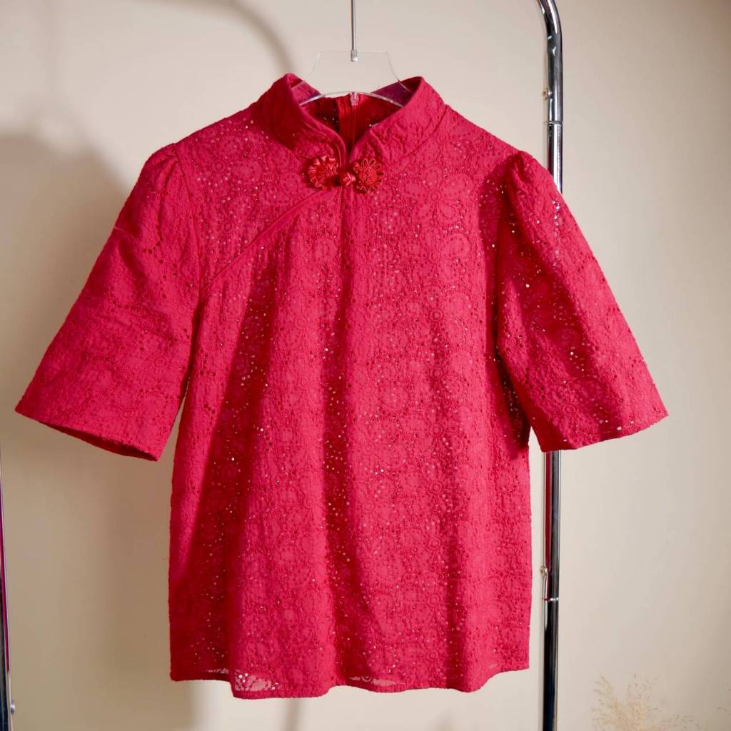 Red Mandarin Collar Shirt Openwork Embroidery | Shopee Malaysia