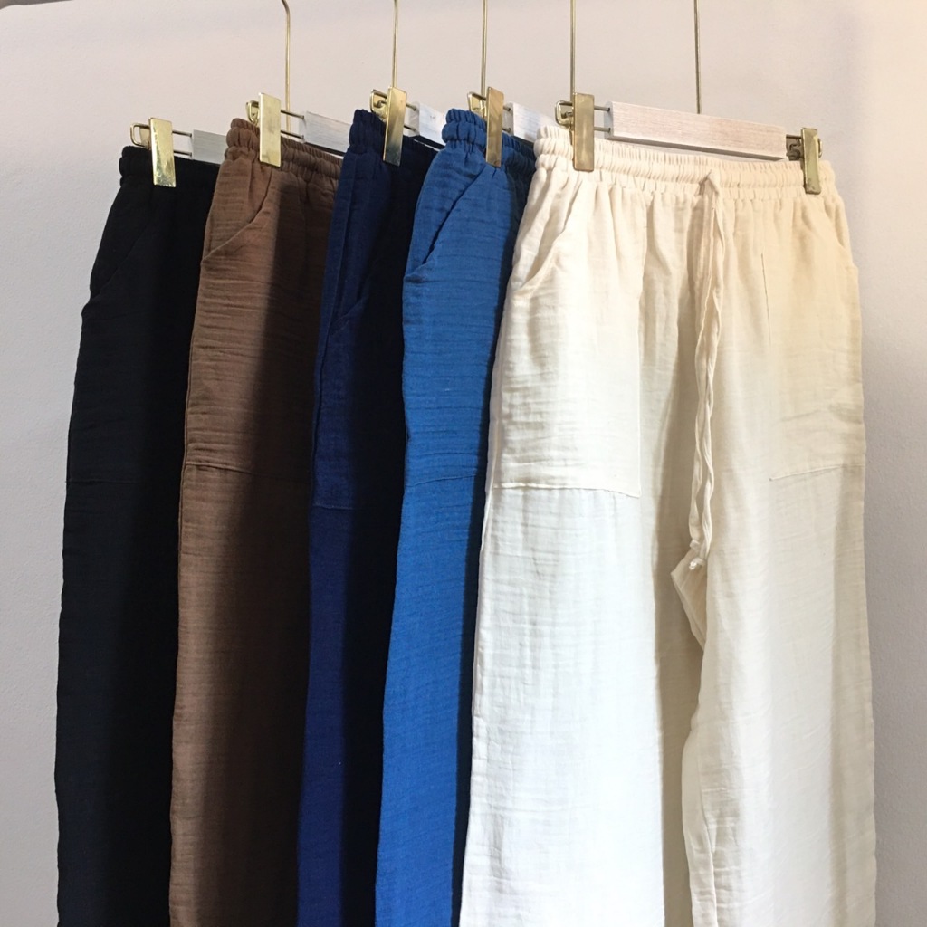 Double Woven Cotton Trousers Straight Leg Shape Stretch Waist Around ...