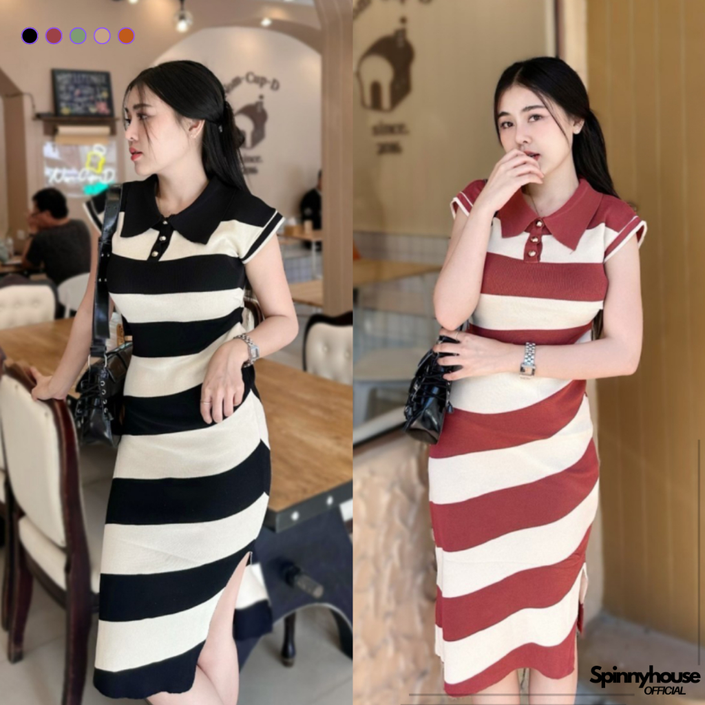 SpinnyHouse Polo Collar Dress With Side Slits Pleated Waist Real ...