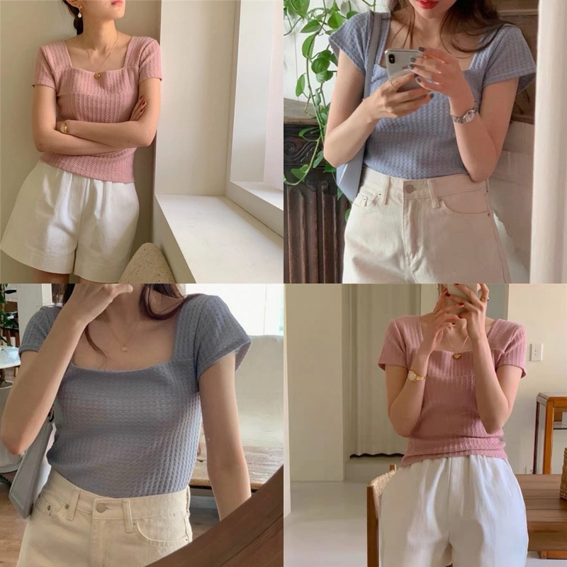 Basic Top A Square Neckline With Short Sleeves Sewn With Good Stretch ...