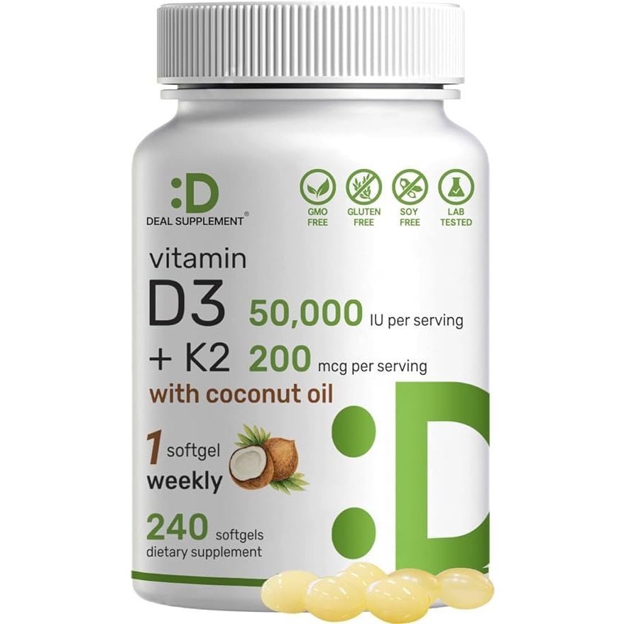 DEAL SUPPLEMENT Vitamin D3 50 000 IU + K2 MK7 200 mcg Virgin Coconut Oil 240 Softgels (V.3537 ...