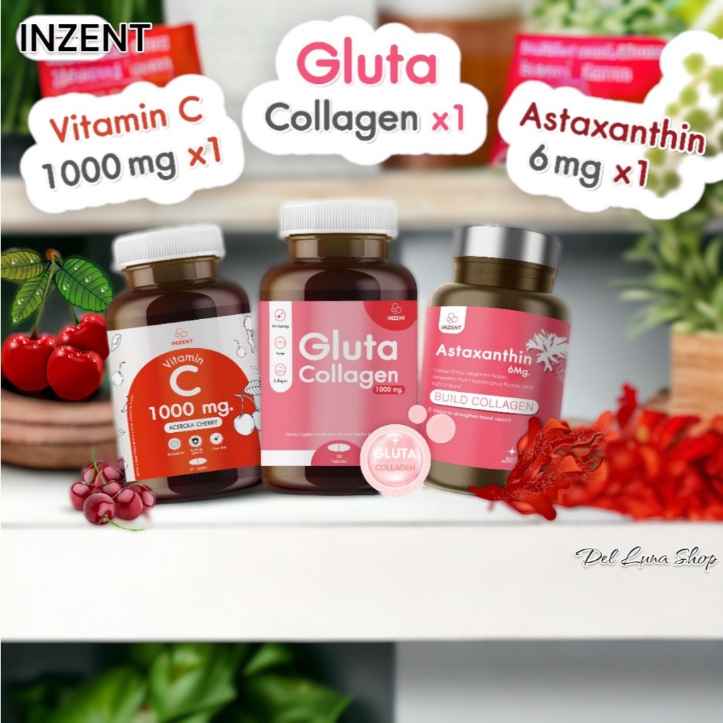 [Vitc1 + Gluta1 + Asta1] Vitaminc gluta Astaxanthin 6 mg. INZENT Vitamin C (30 Caps/1 Bottle ...