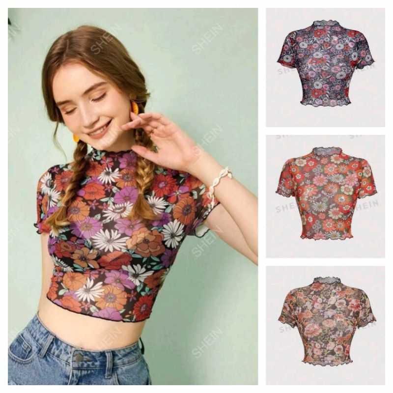 Short Sleeve Crop Top See-Through Fabric Gauze Mesh Flower Pattern ...