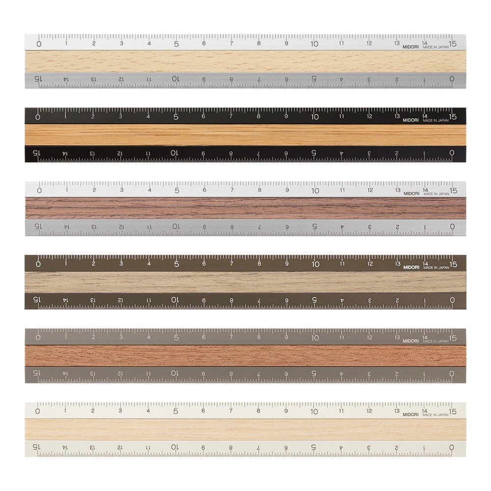 MIDORI Aluminum & Wood Ruler Brand Size 15 cm (Ivory/Gray/Brown ...