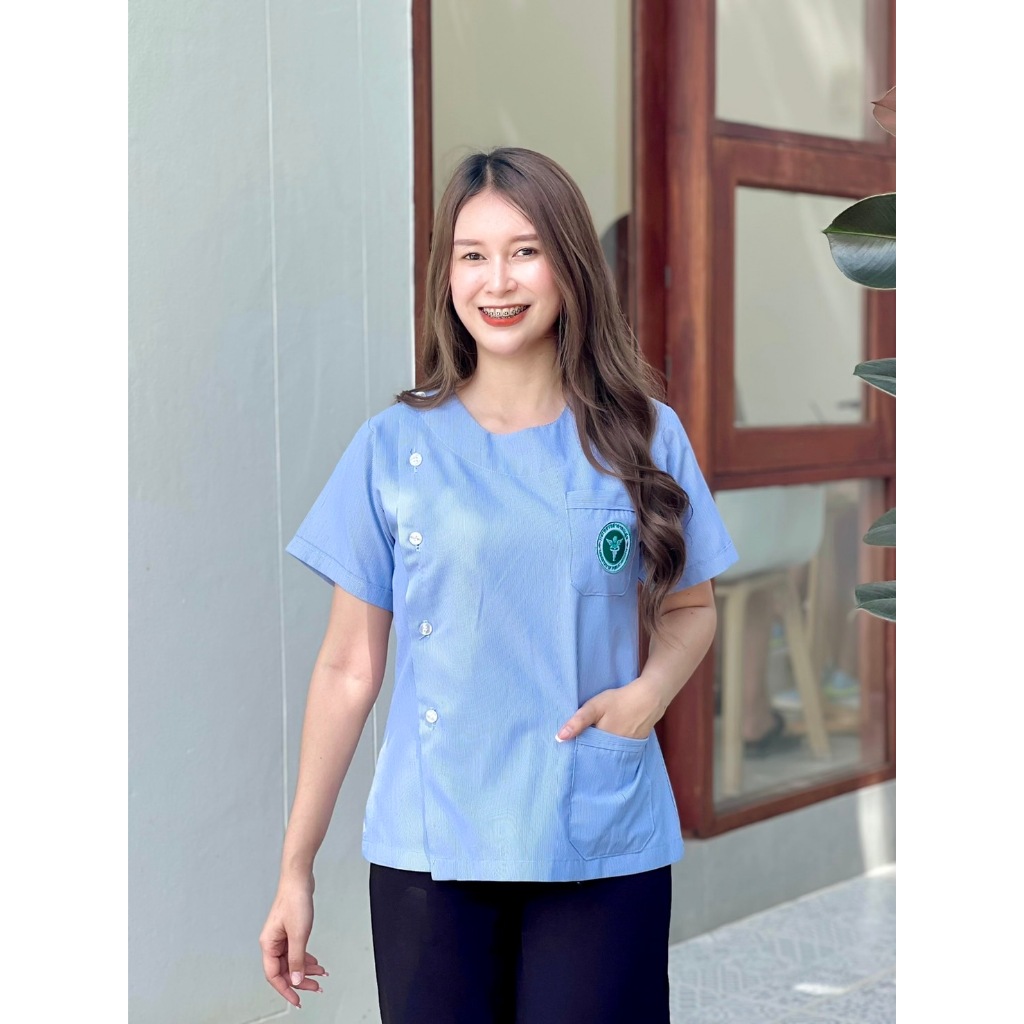 Blue Stripe Health Lab Coat (Round Neck Version) | Shopee Malaysia
