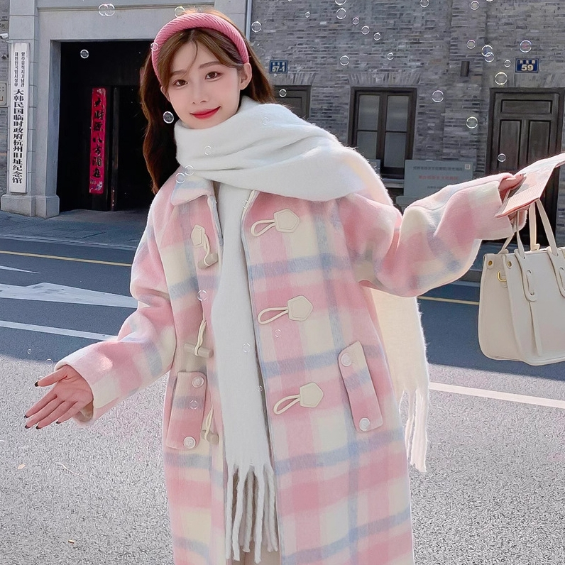 Product Code B1600 Duffle coat Wool Plaid Pattern Very Sweet Pink ...