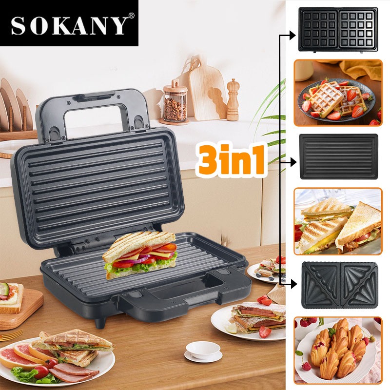 SOKANY 3in1 1000W Big Waffle Maker Can Make Sandwich Steak Etc. Non ...