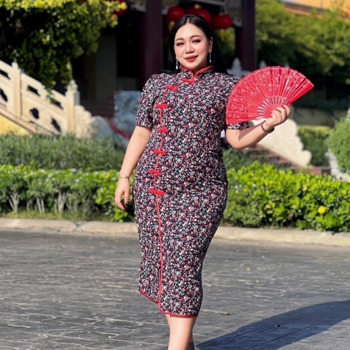 Plus size Long Cheongsam Dress Short Sleeve Floral Print Vintage Chubby ...