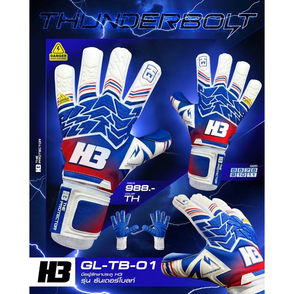 Goalkeeper Gloves H3 GK Thunderbolt 2025 Model With 5-Inch finger safe ...