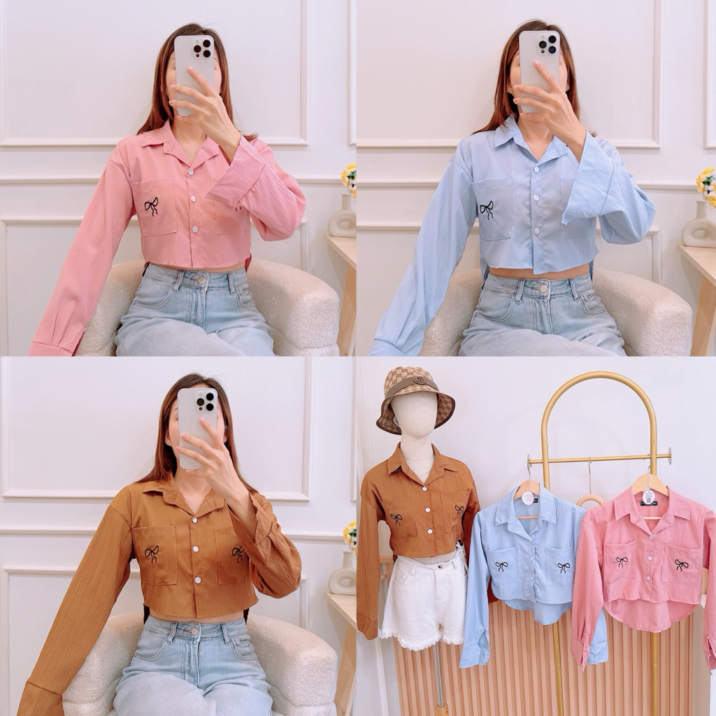 Long Sleeve Crop Tops Short Front-Back Embroidered Pocket | Shopee Malaysia