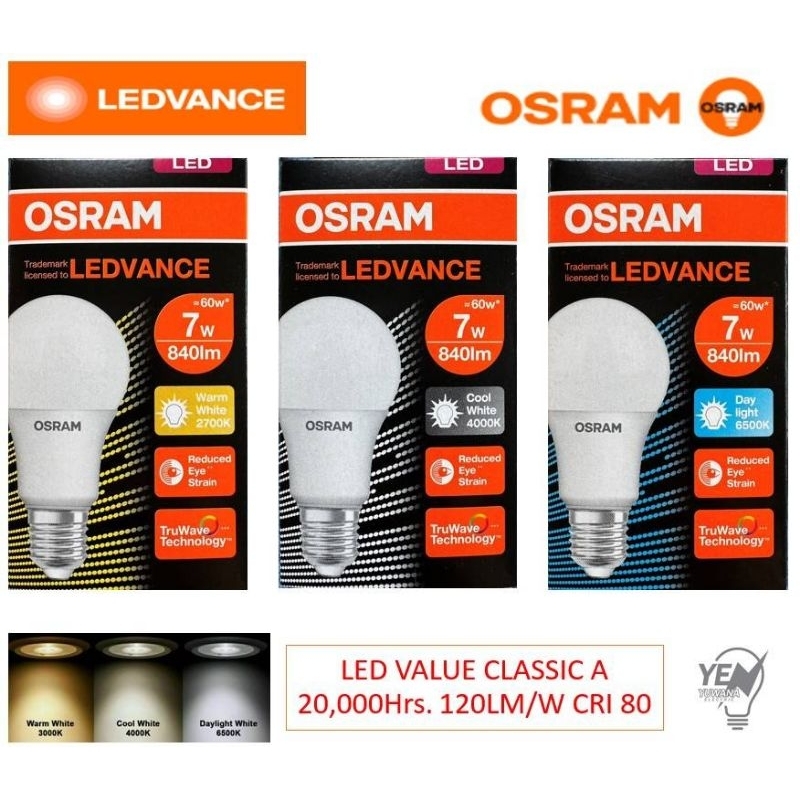 OSRAM LED VALUE CLASSIC A 7w White Light/Cool/Yellow E27 20 000 Hours. | Shopee Malaysia
