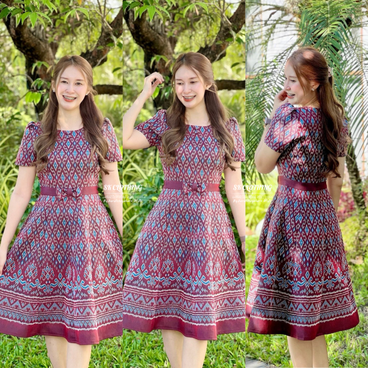 Woven Red Dress Thai Fabric Karakade Pattern Boat Neck 8 Pieces Of ...