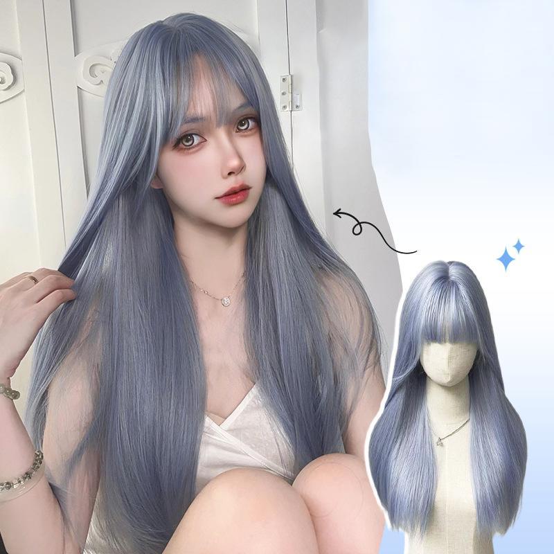 MAYA/M145-5 Long Straight Hair Wig With Bangs Indigo Grey (60 cm ...