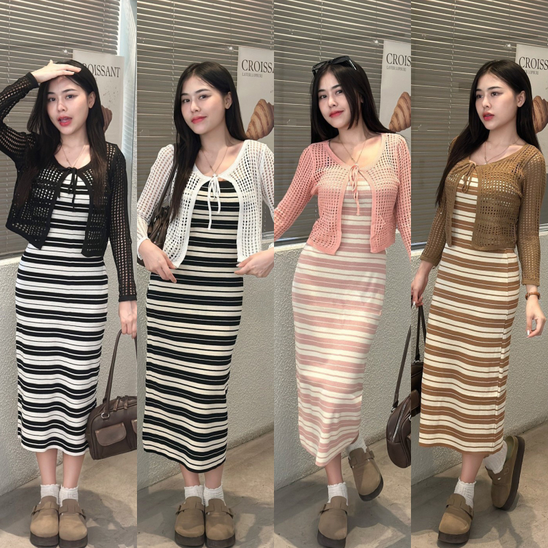 SpinnyHouse 2-Piece Set One-Piece Dress Long-Weight Strap + Mesh Cloak Tied Rope Soft Stretch ...