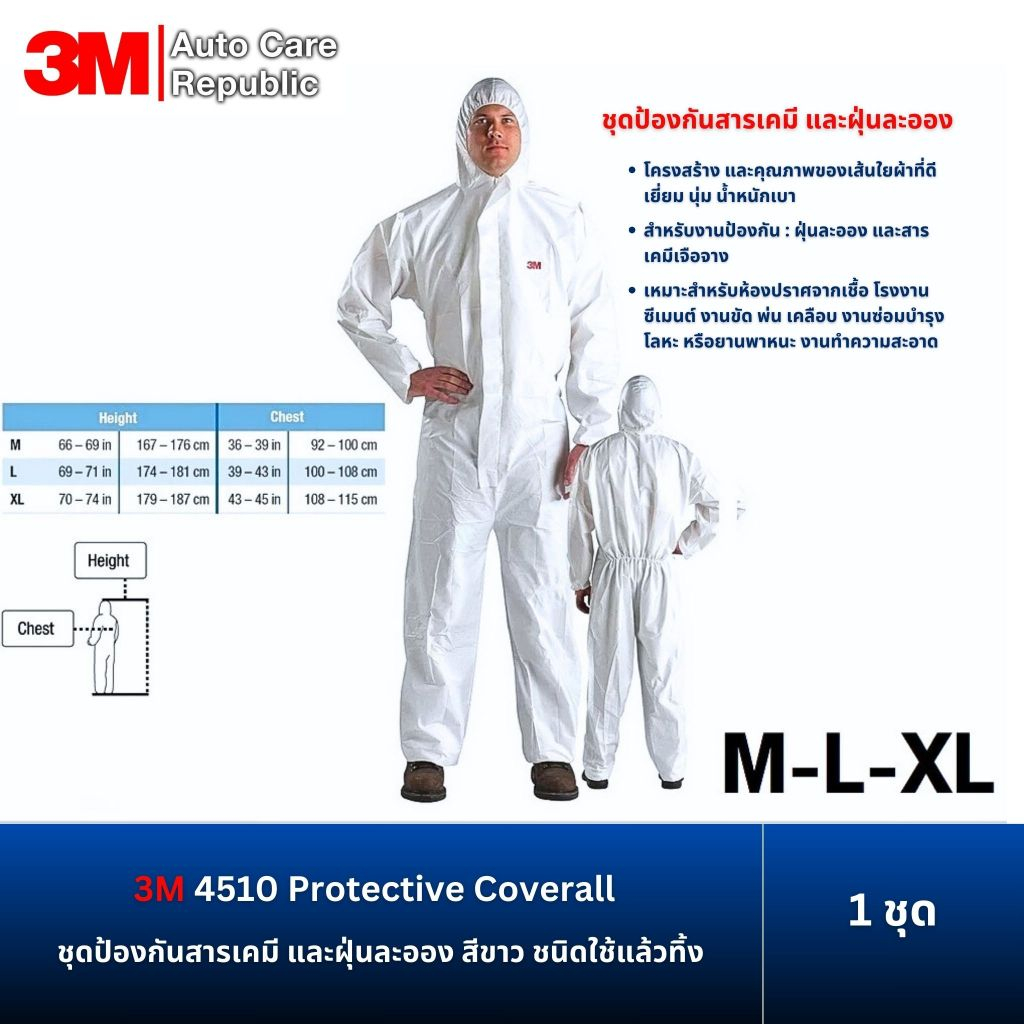 3M 4510 Protective Coverall Chemical And Dust Protection Suit White Disposable Type Size M L XL ...
