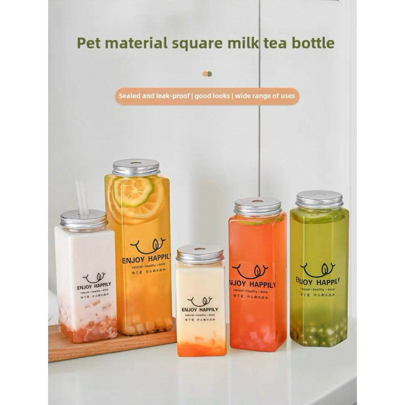 Clear Plastic Square Bottle (PET) 500 ml. Foodgrade Aluminum Cap Fruit ...