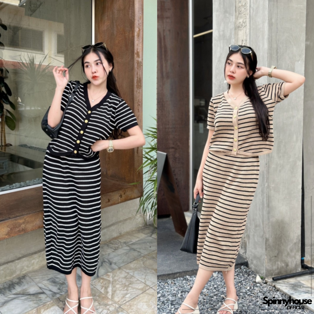 SpinnyHouse 2-Piece Set V-Neck Short Sleeve Top With Buttons. + Long Yarn Skirt Elegant Silk ...