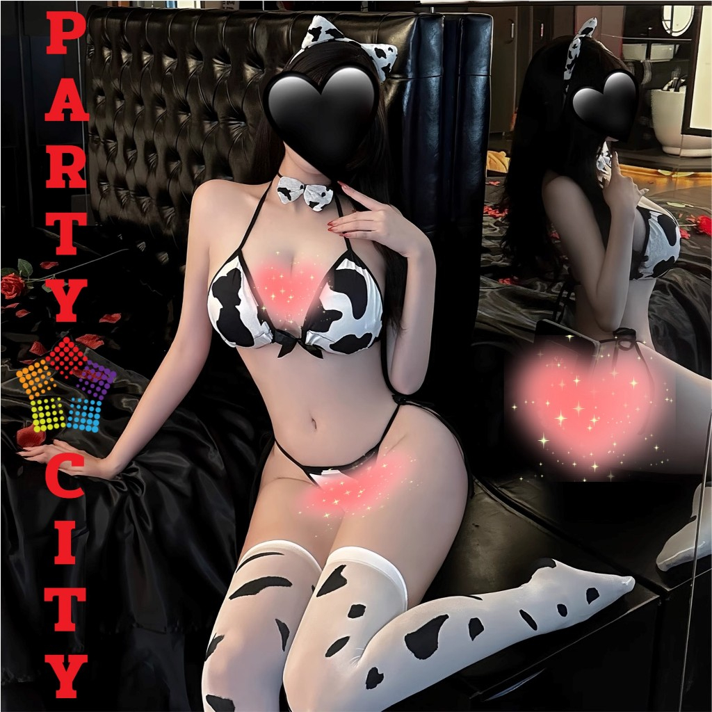 PARTY CITY Bikini Sexy Cow Pattern Set G-String Side Tie With Bowknot Tail PC-1248 | Shopee Malaysia