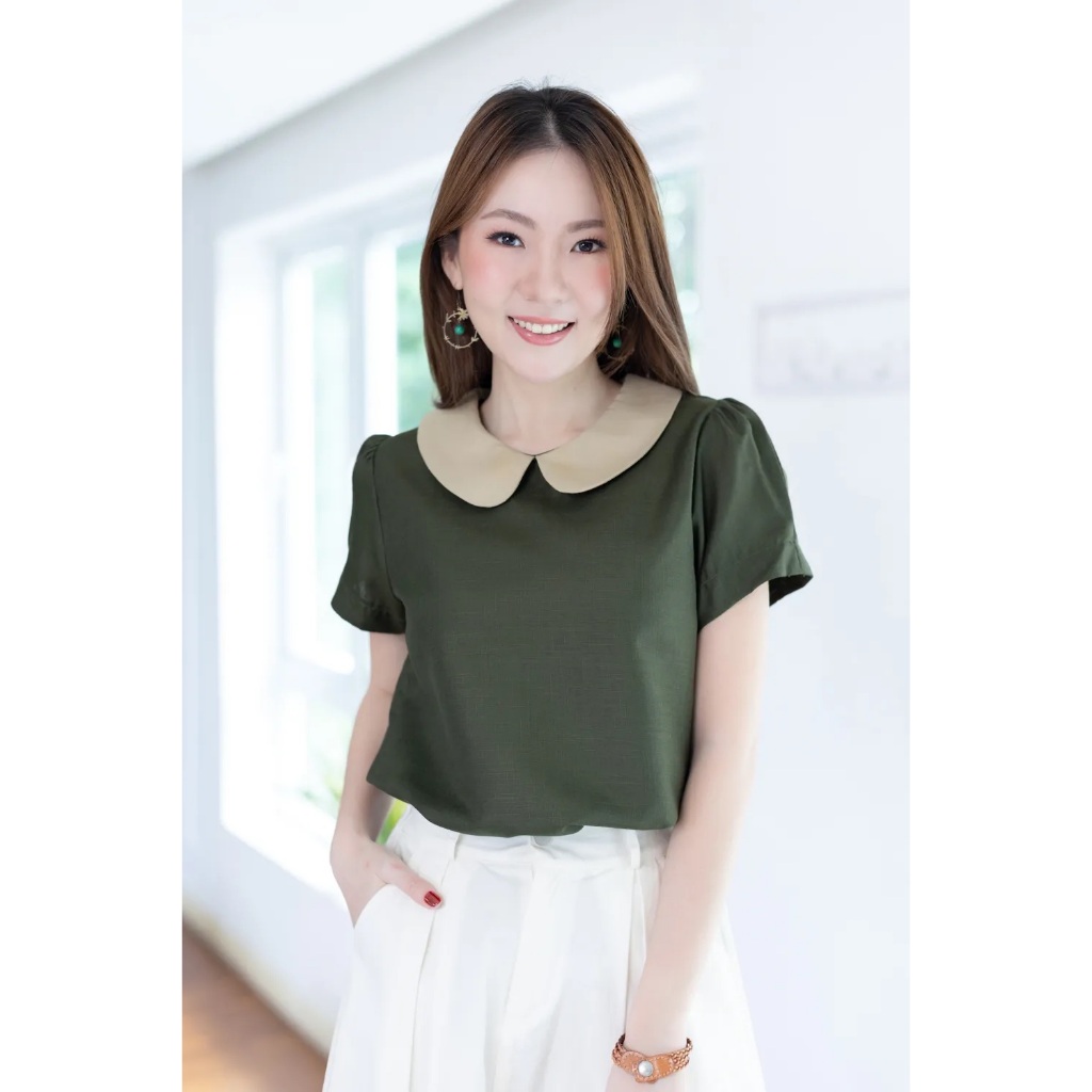 [Songkran Send Regular] Narinari: MT0106 Peter Pan Collar Folded Sleeve Blouse Work Shirt With ...