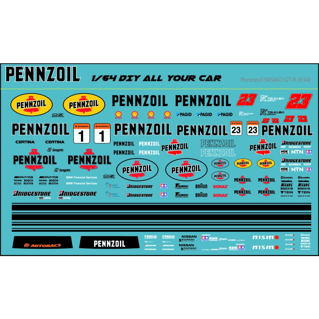 1/64-1/24 DIY Water Decal Pennzoil NISMO GT-R (R34) Nissan Skyline (R33 ...