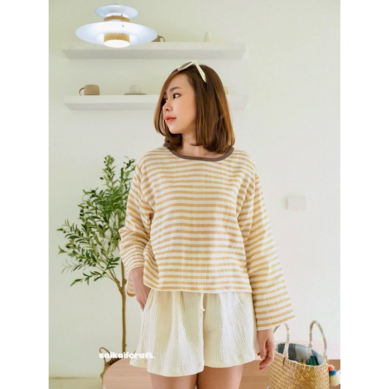 Off QC ️ Long Sleeve Shirt With Brown Stripes Hem (2 Layers Of Salu ...