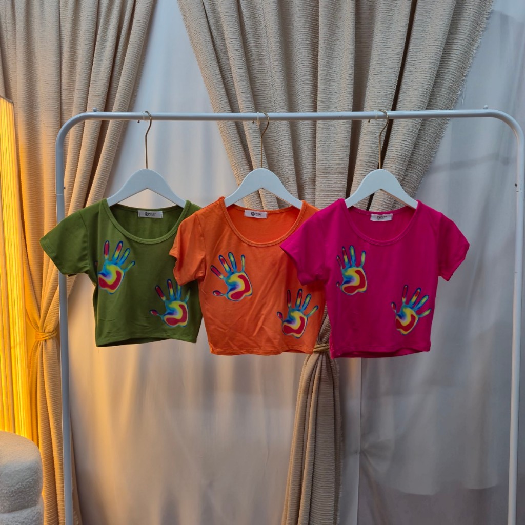 SpinnyHouse Short Sleeve Crop Top Round Neckline Handprint Screen ...