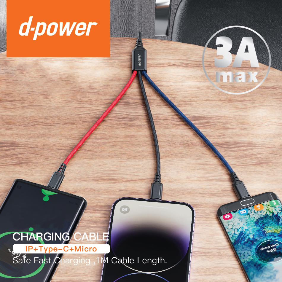 d-power 3in1 Charging Cable Model CB-X12 3 In One Line 3A Fast Charge ...
