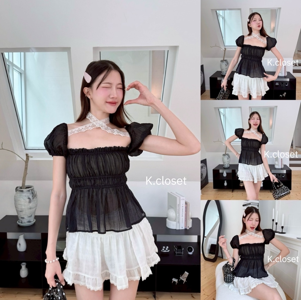 (Single-Layer Thin Fabric) Lace Doll Sleeve Shirt With Back Tie Chubby ...