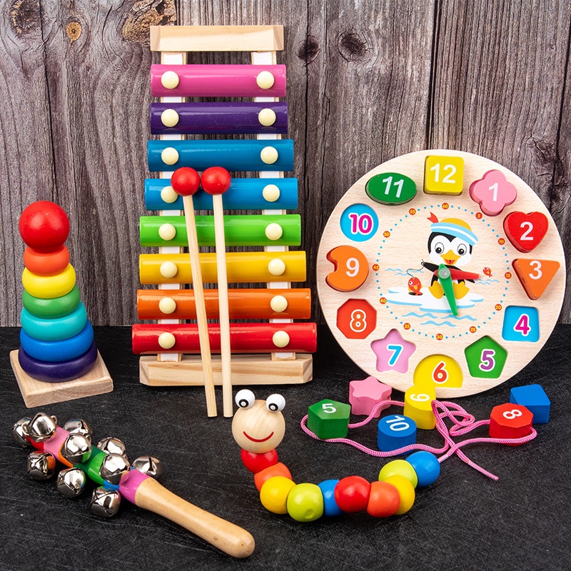 Wooden Toys Kids Clock Xylophone Worms Coils Beads Blocks 4 Row ...
