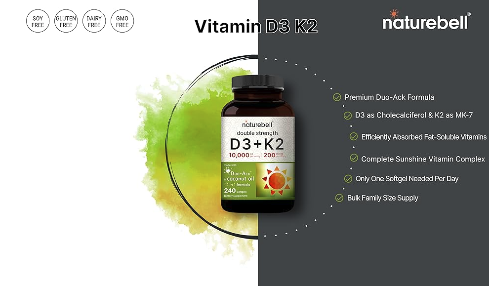 Naturebell Vitamin D3 K2 (10 000 IU D + 200mcg K MK-7) 240 Softgels ...
