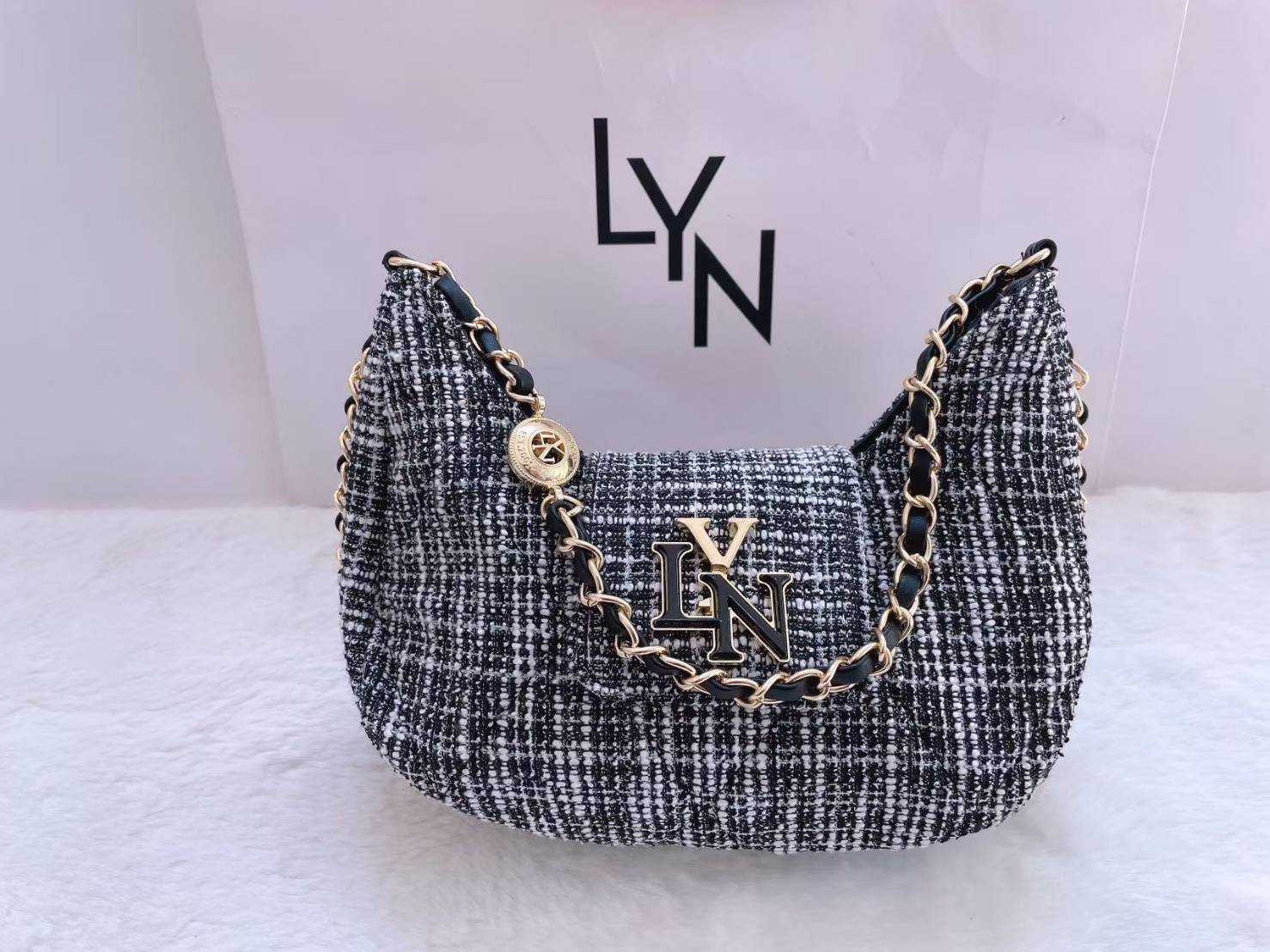 LYN Shoulder Bag Chain Strap Leather Posh Shape And Tweed Fabric Work ...