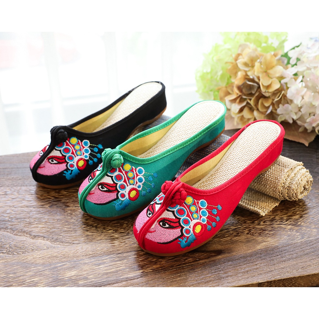 Vintage Women Chinese Opera Embroidered Flip Flop Shoes Slippers Mary ...