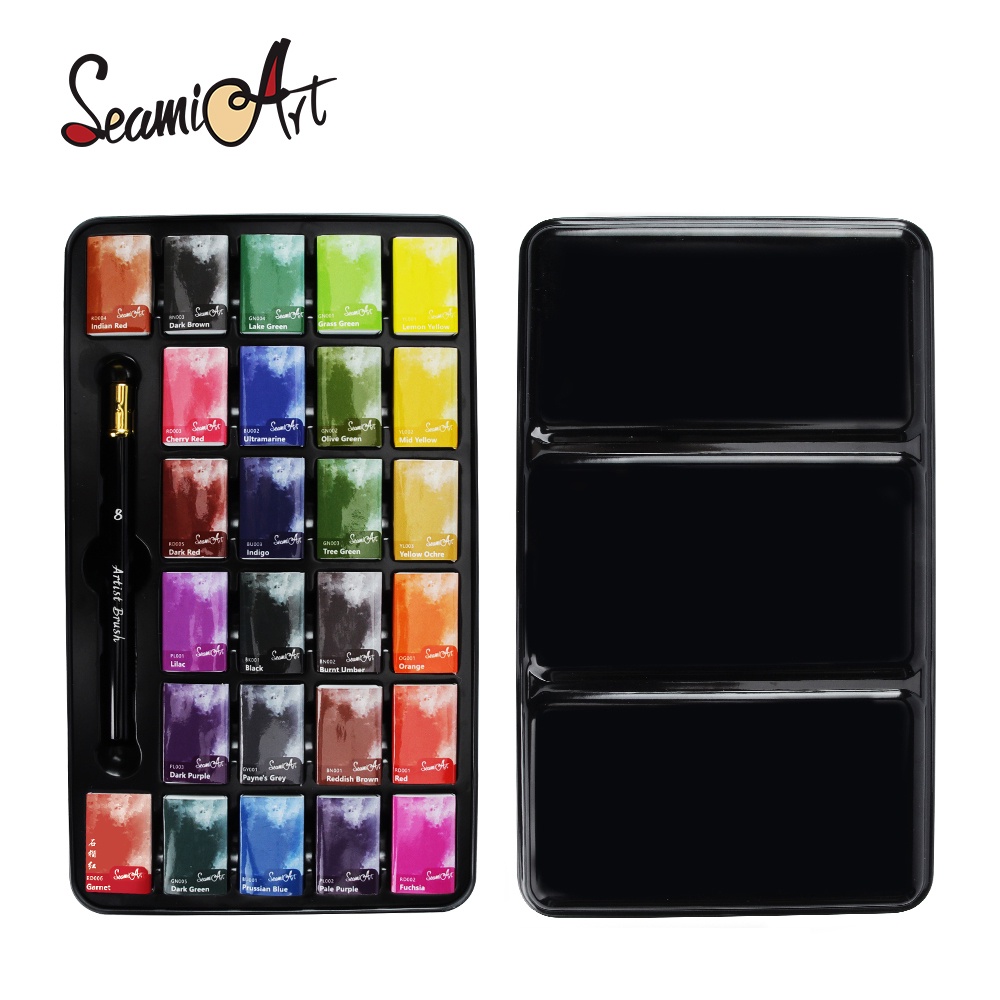 SeamiArt 26color Artist Grade Full Pan Solid Watercolor Tin Box Set with 1pc Portable Travel ...