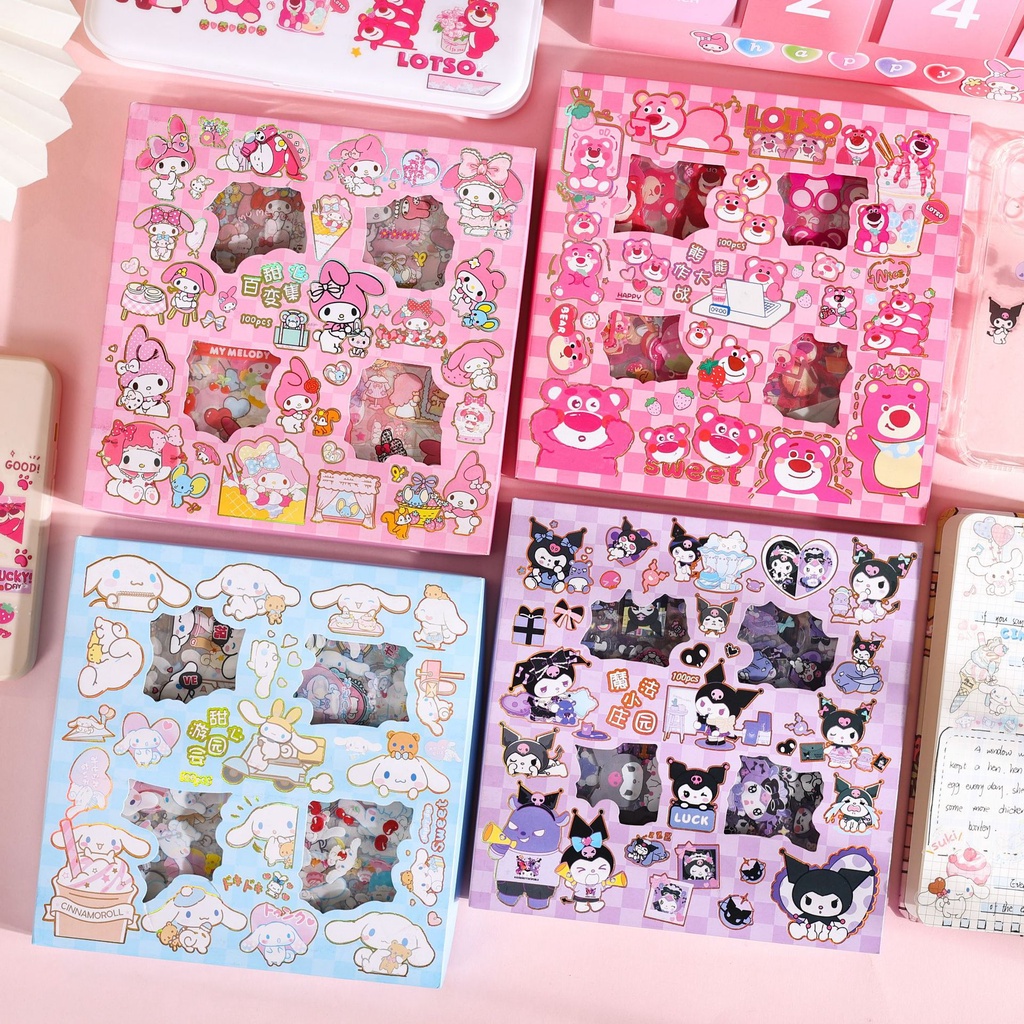 100 Sheets Sanrio Cute Stickers Transparent Cartoon Sticker Gift Box ...
