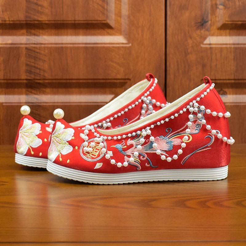 Taiwan Shipping Ancient Style Hanfu Wedding Shoes Heightening Beaded Embroidered Chinese Bride ...