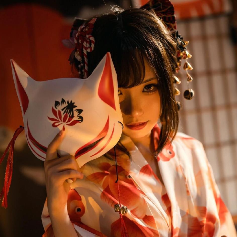 Zhen Preferred Japanese Mask Half-Face Fox cos Glowing Flower Face Prom ...
