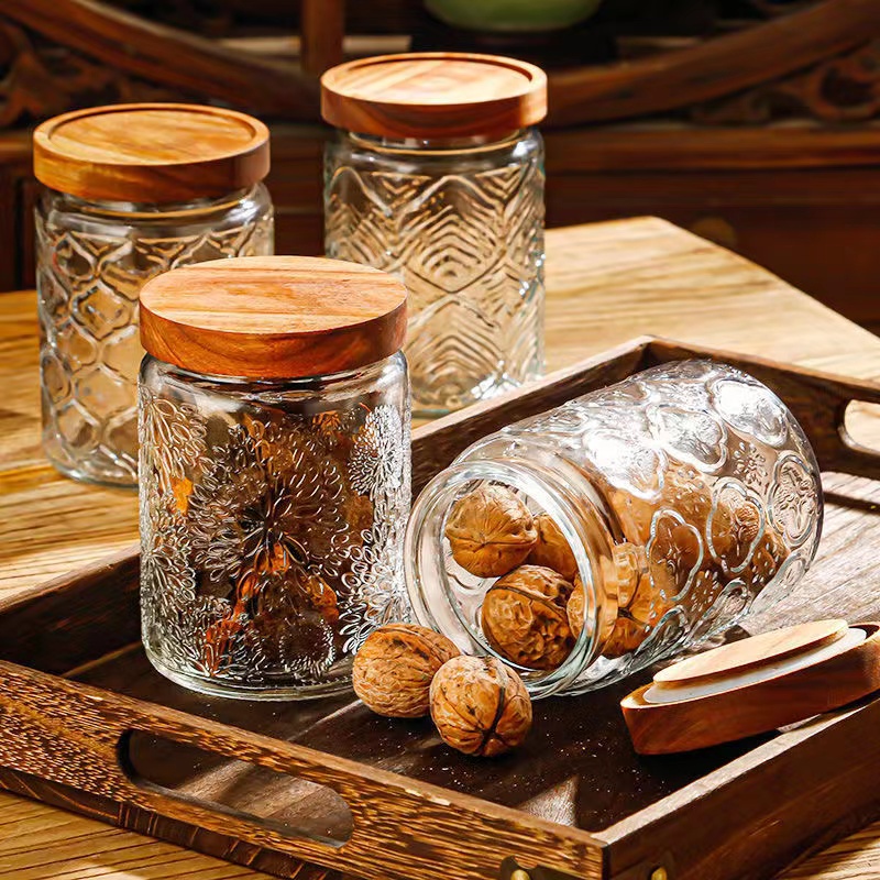 INTERNAUL Multi-purpose Embossed Glass Jar Canister Storage Jar Food ...