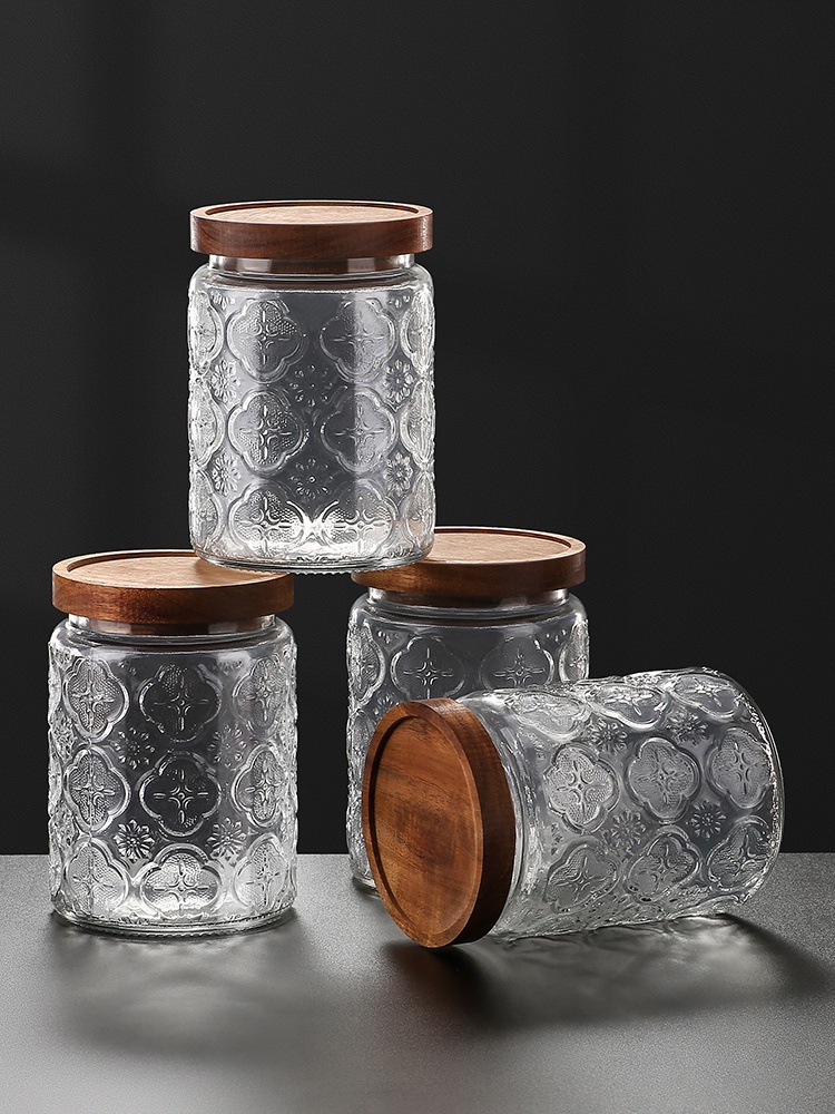 INTERNAUL Multi-purpose Embossed Glass Jar Canister Storage Jar Food ...