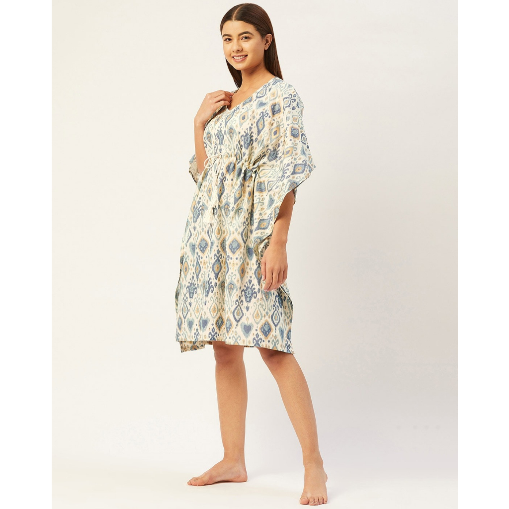 HOOMA Indian Hand-Stamped Geometric Print Short Kaftan Nightgown Yukata ...