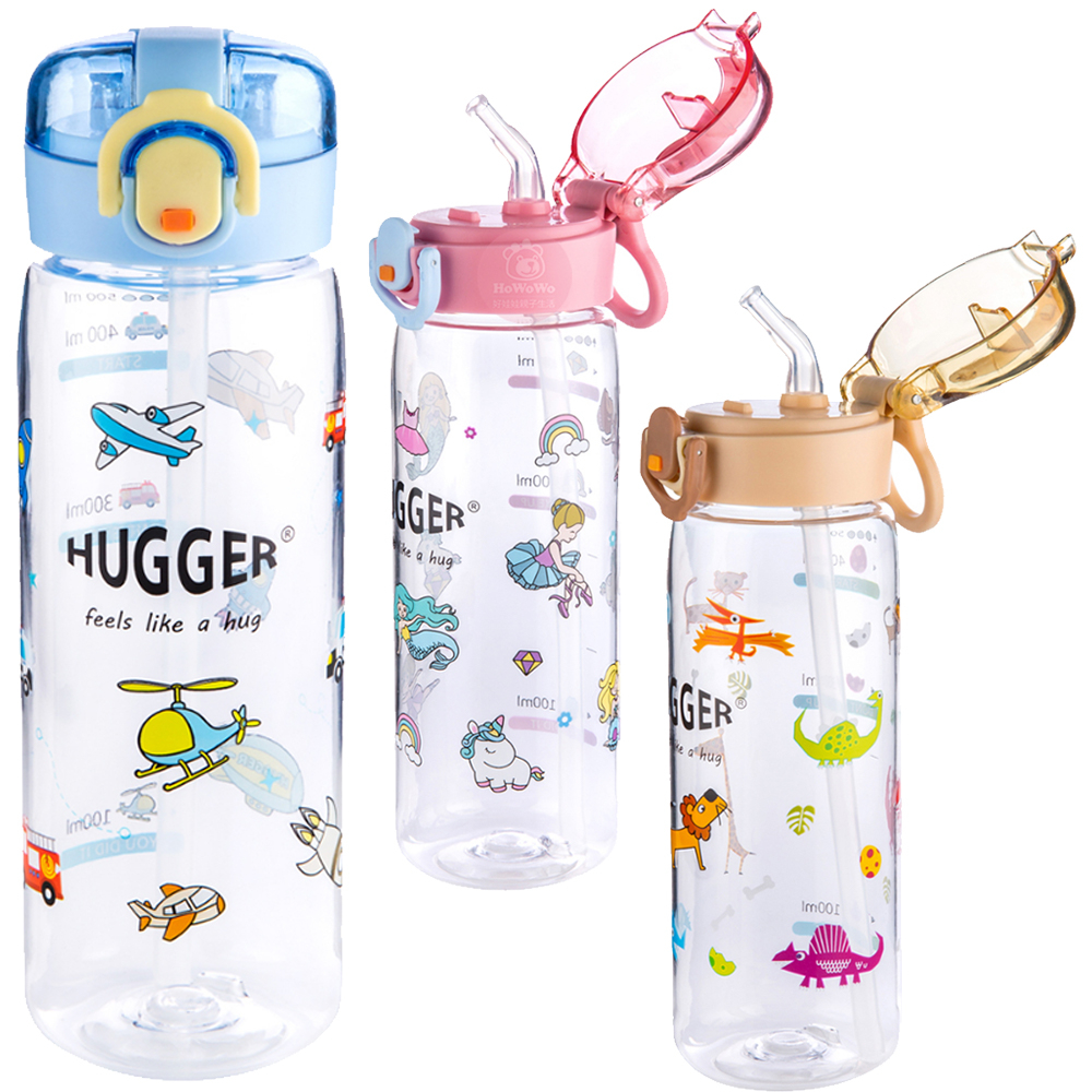 HUGGER British Kids Pop-Up Straw Water Bottle 500ml Tritan Cup ...