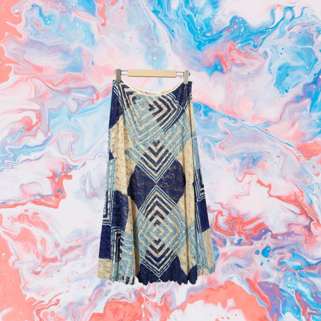 Second-Hand ROCOCO Dark Light Blue V Line Striped Soft Lace Long Skirt ...