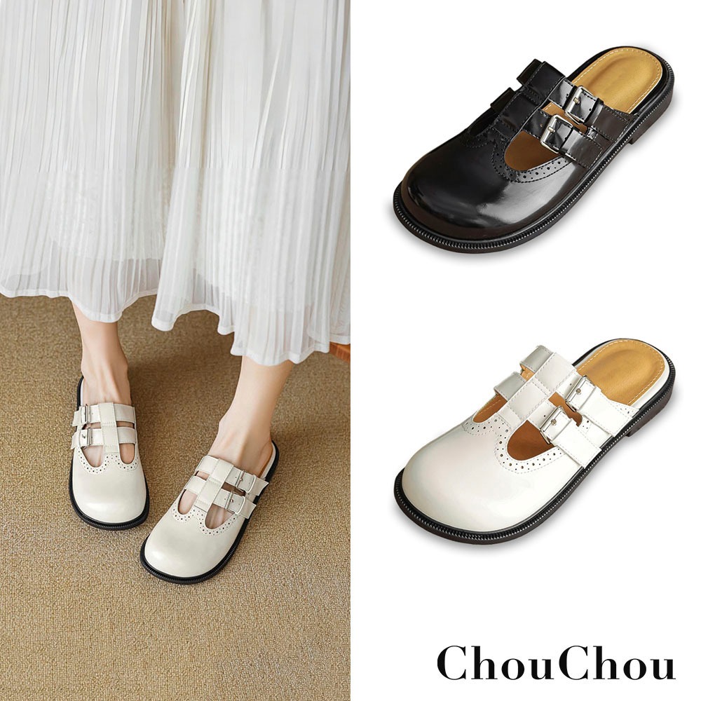 Fufa Shoes [ChouChou] Round Toe Double Buckle Lazy Muller Slippers ...