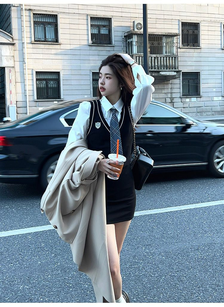 American Style Preppy Fake Two-Piece Dress Hot Girl Sexy Hip-Packed ...