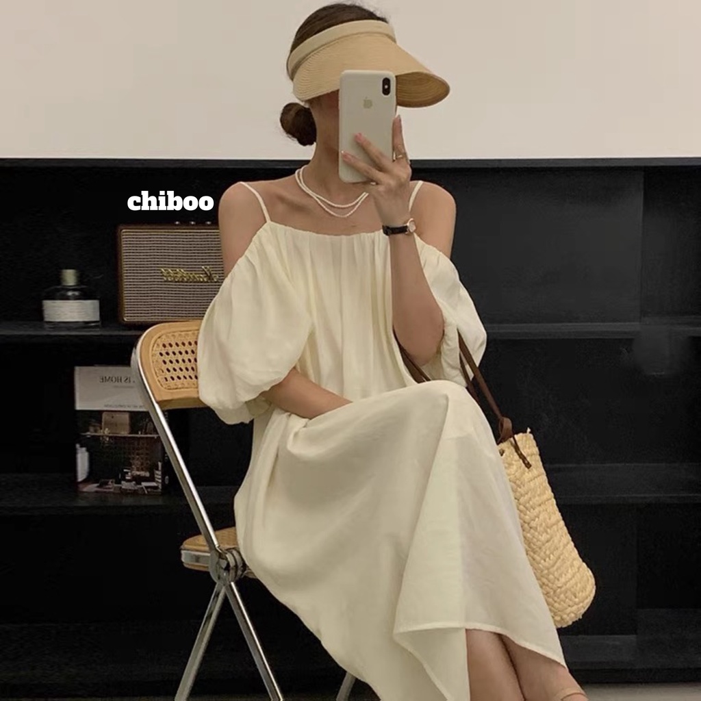 Women's off-the-shoulder two-strap dress in wrinkled fabric with long ...